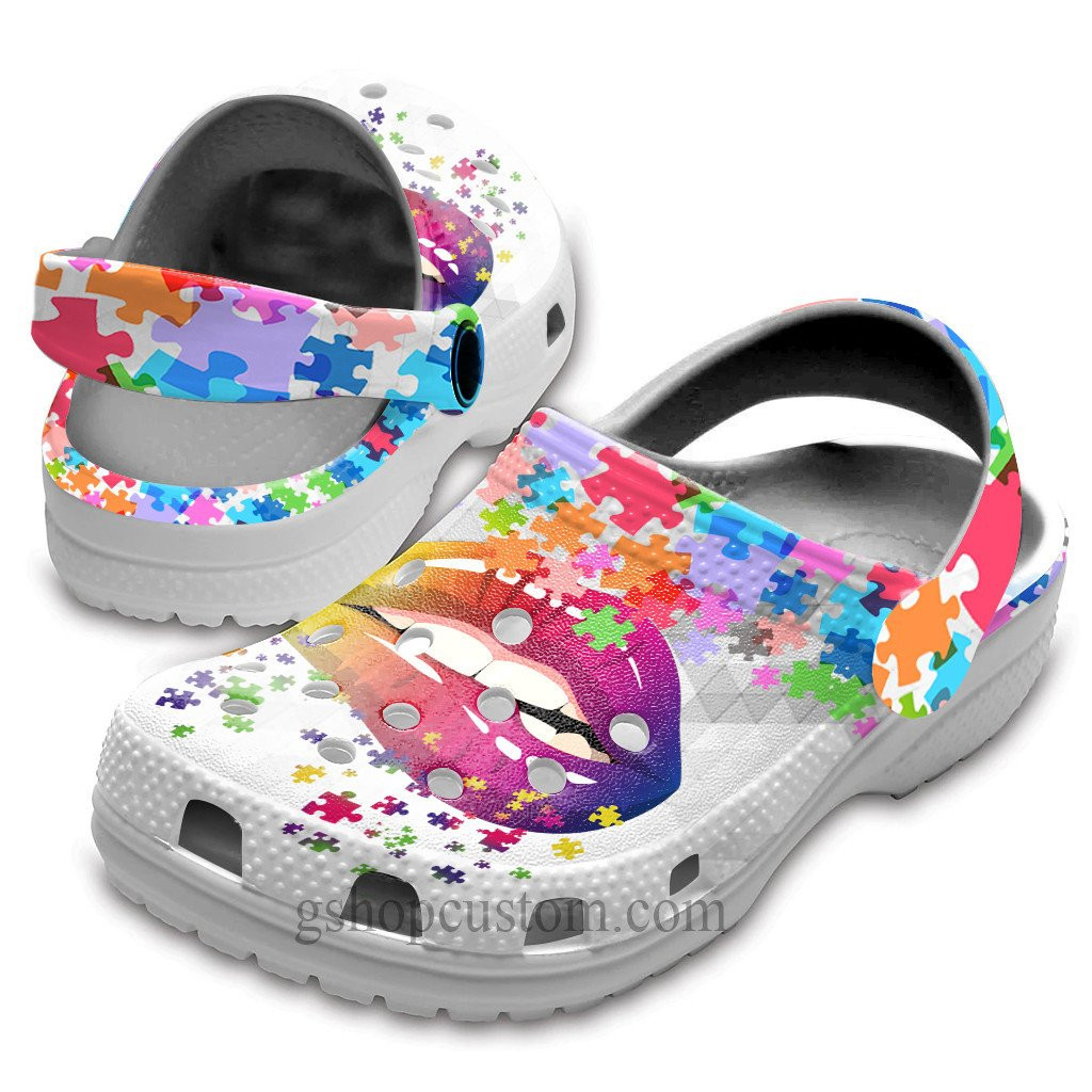 Rainbow Lip Autism Awareness Puzzle Crocs Clog Shoes Custom Lgbt Crocs ...