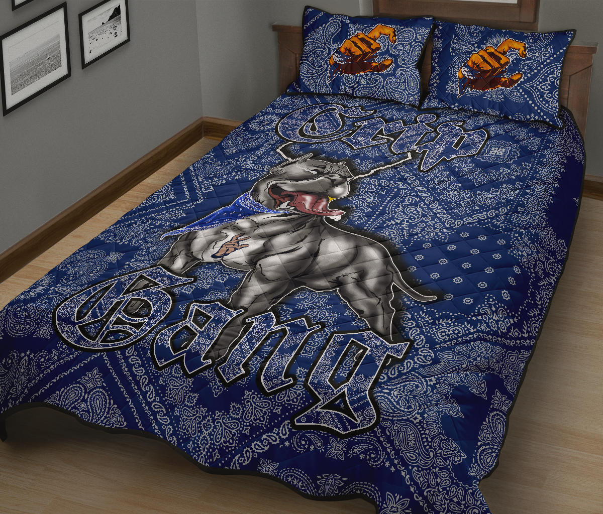 Crips Gang Bulldog Quilt Bed Set – Blue Paisley A31 – Wardrobe Collective