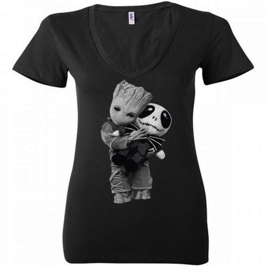 Baby Groot Hug Jack Skellington Ladies Deep V-Neck - FreeClothing Trending