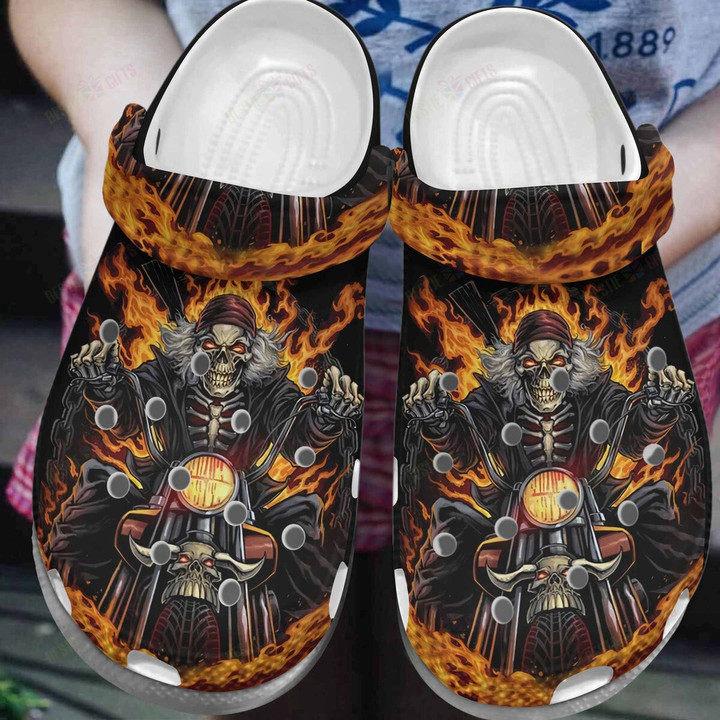 Riding Skeleton Skull Ghost Skull Fire Crocss Classic Clogs Shoes For ...