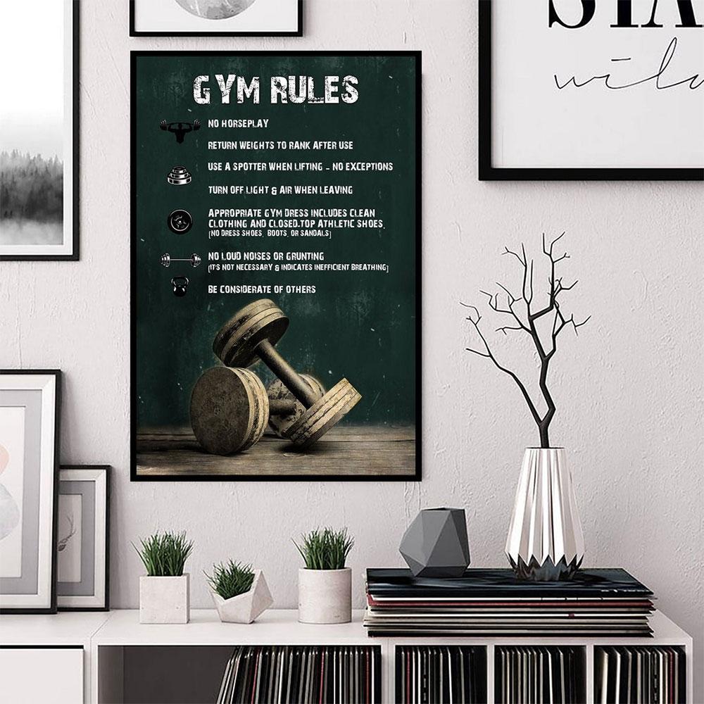 Poster Canvas Dumbbell Gym Rules Vintage Poster, Fitness Gym Workout ...