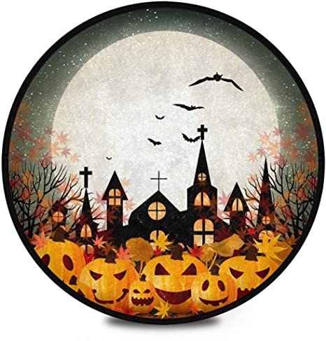 Halloween Shaggy Round Mat Halloween Pumpkins Full Moon Small Round Rug ...