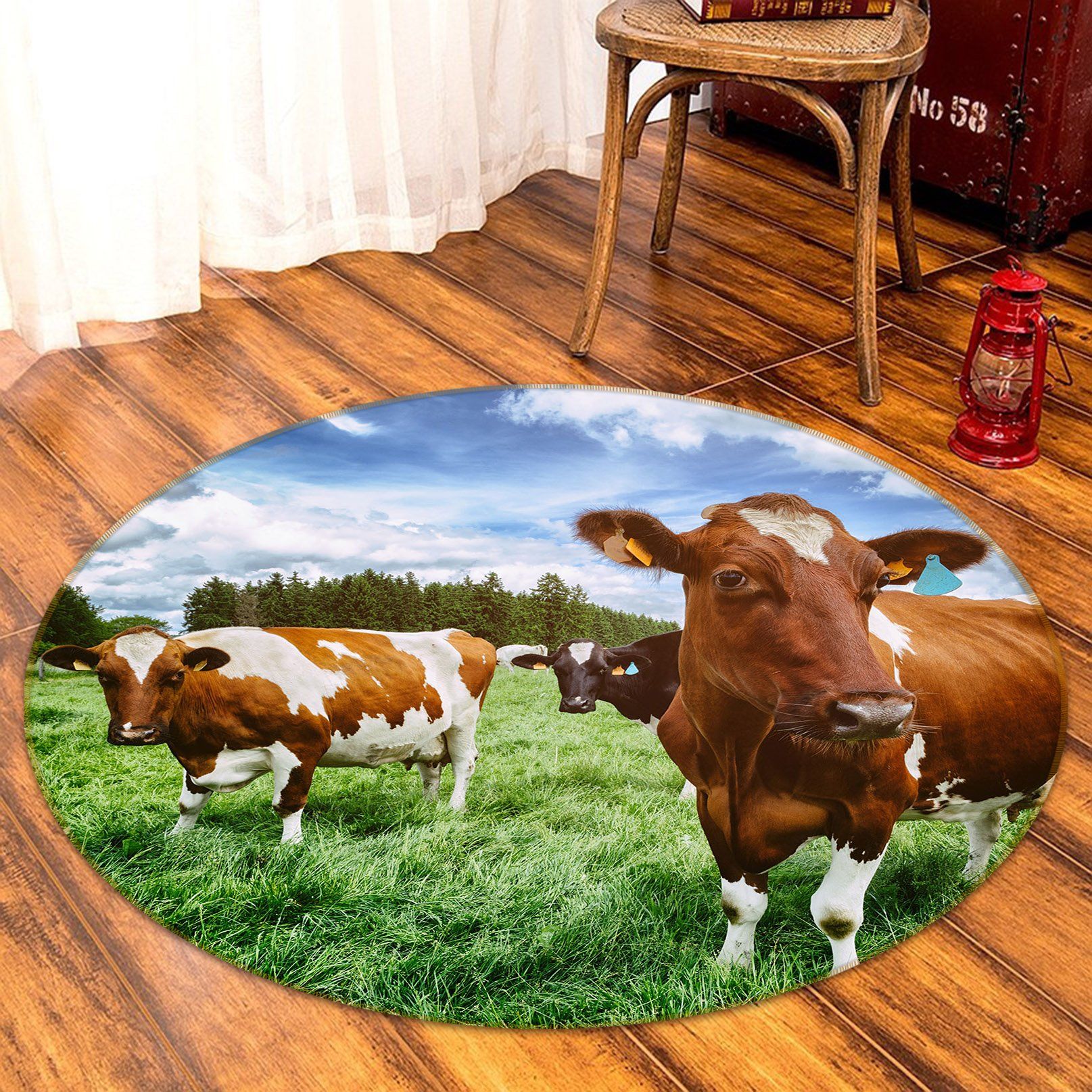 Grassland With Cows Round Rug Home Decor