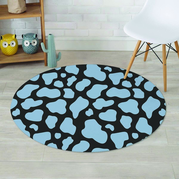 Blue And Black Cow Print Round Rug - EcoSpringFarm