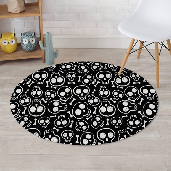 Black Cartoon Skull Round Rug – Skull Art Prints