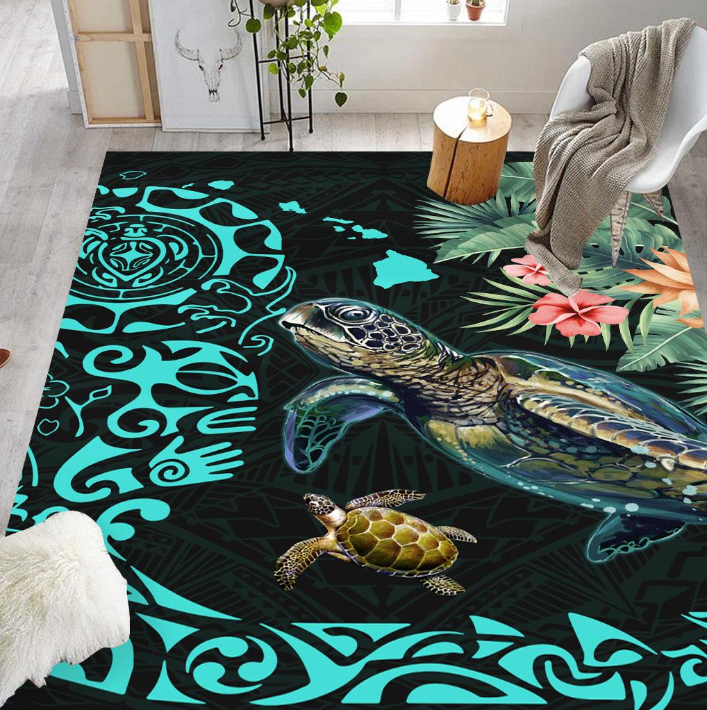 Hawaii Tiki Polynesian Turtle and Hibiscus Rug - Pinkato Store