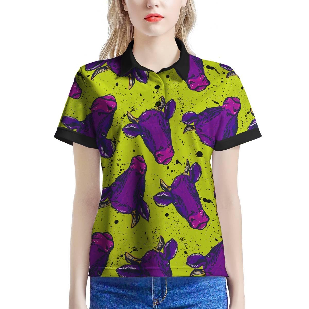 Abstract Neon Cow Print Women'S Polo Shirt - EcoSpringFarm
