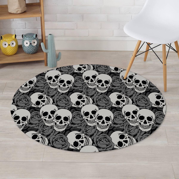Black And White Rose Floral Skull Round Rug – Skull Art Prints