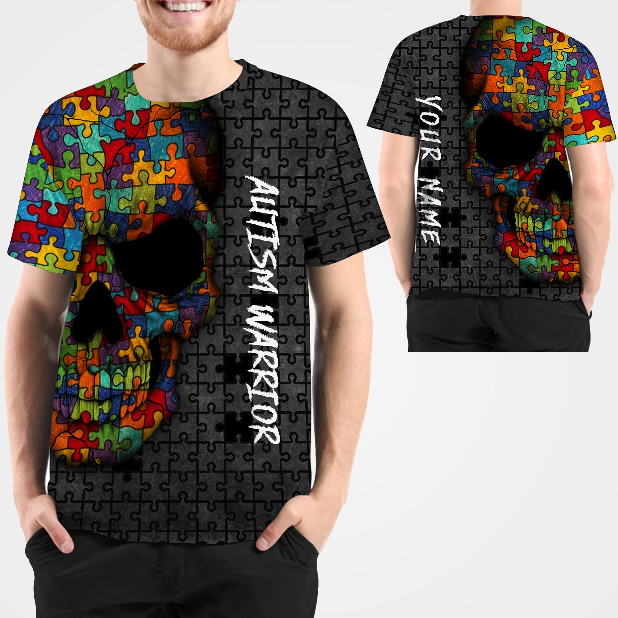 Autism Warrior Puzzles Skull Custom Name 3D T-shirt For Autism Dad ...