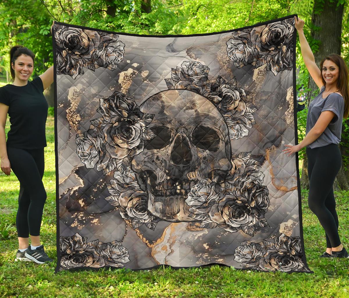 Skull Gray Rose Quilt – Skull Art Prints